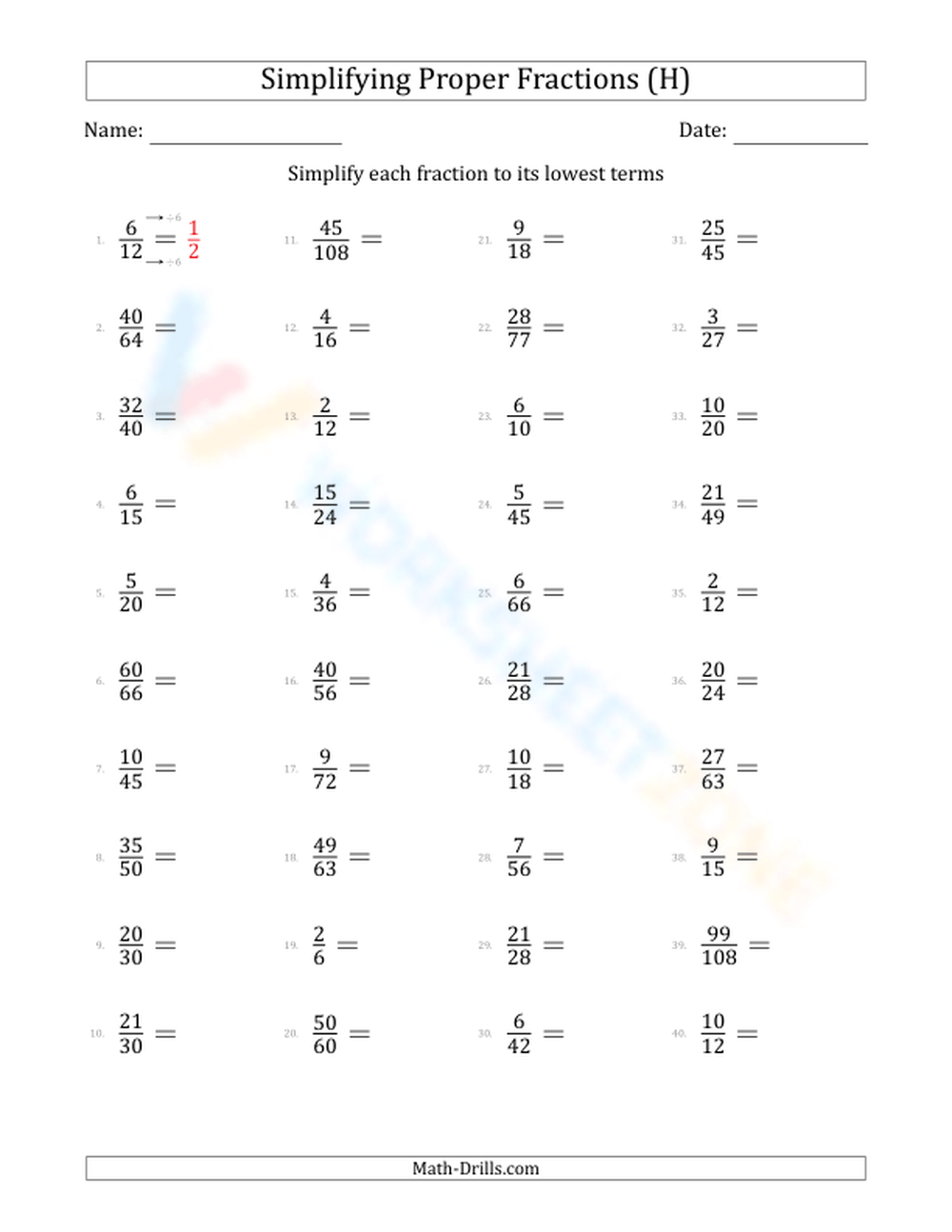 Simplify Fractions (easy) (8) Worksheet