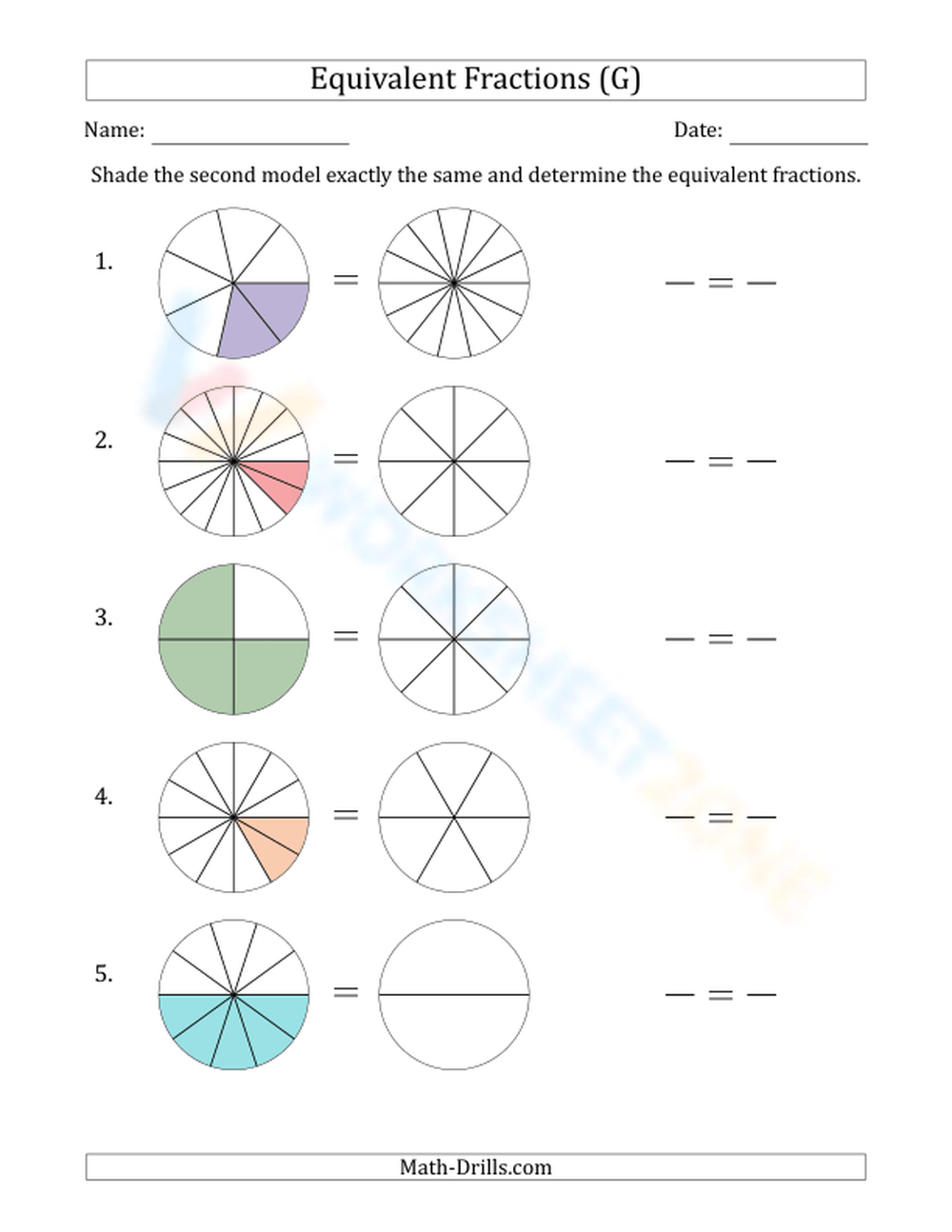 Fractions Equivalent Test Using Models (7) Worksheet