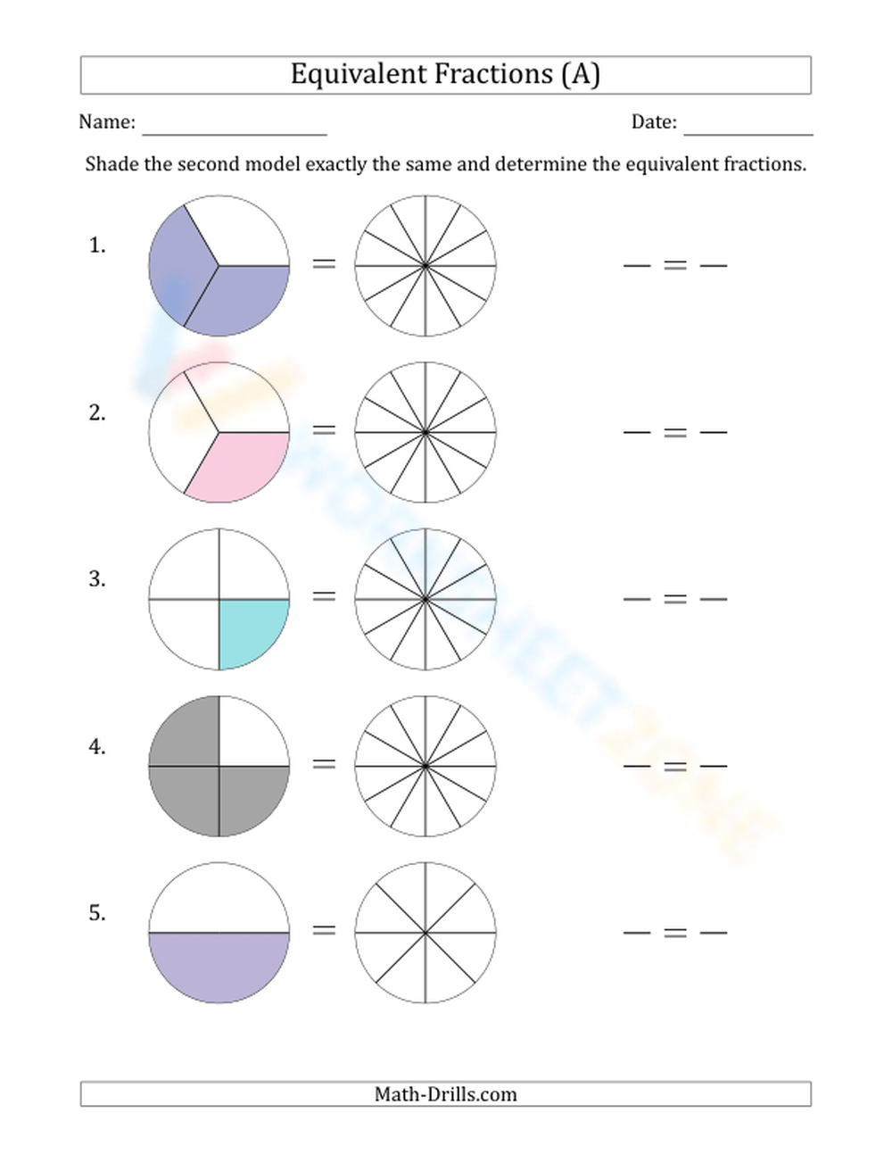 Fractions Equivalent Test Using Models (11) Worksheet