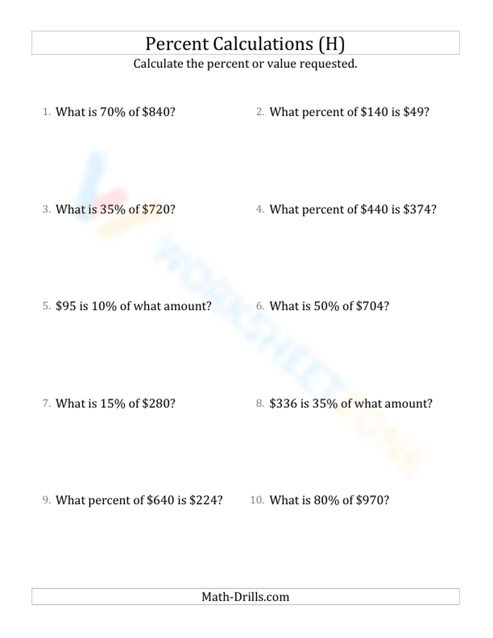 Mixed Percent Calculations Worksheet