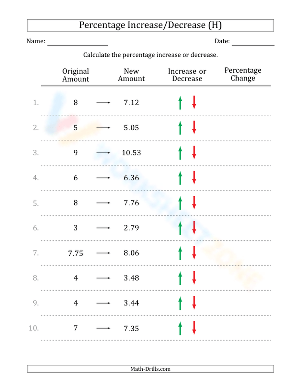 Percent Increase/decrease Worksheet