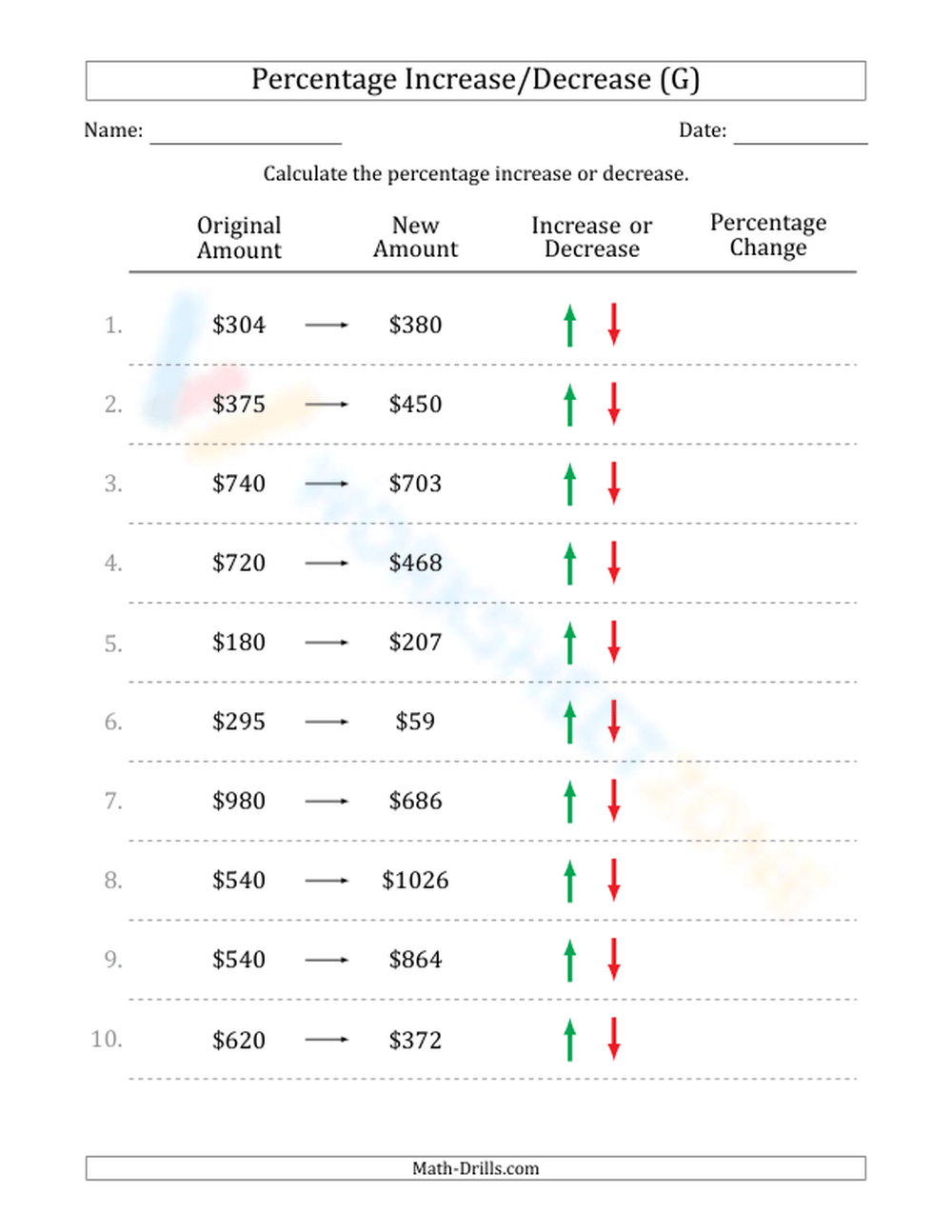 Percent Increase/decrease Worksheet