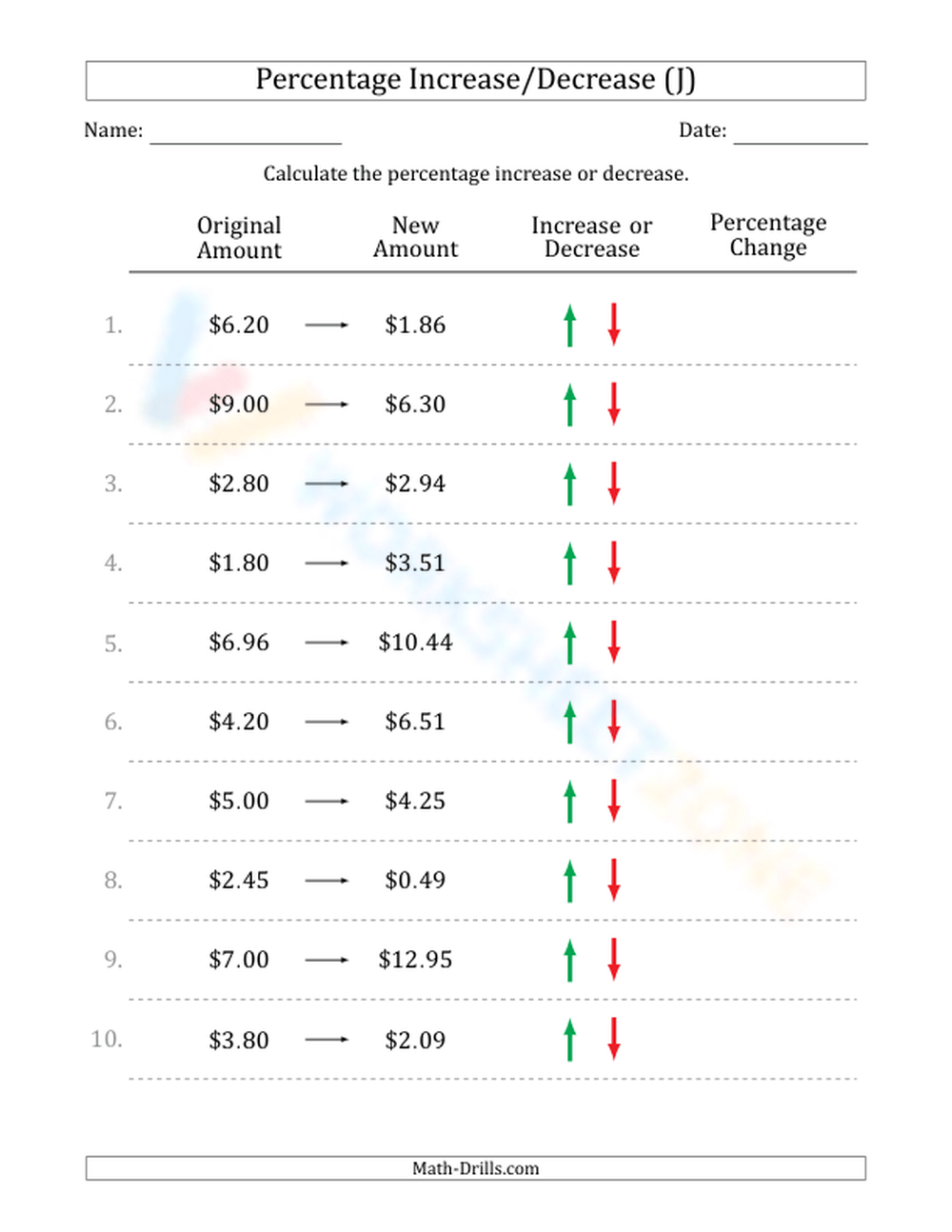 Percent Increase/decrease Worksheet