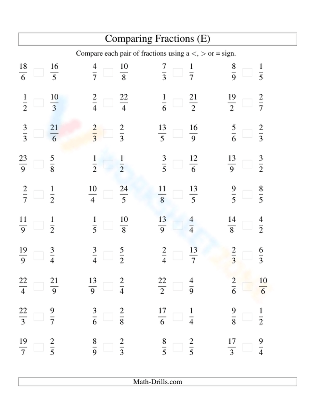 Comparing Simple And Improper Fractions Worksheet
