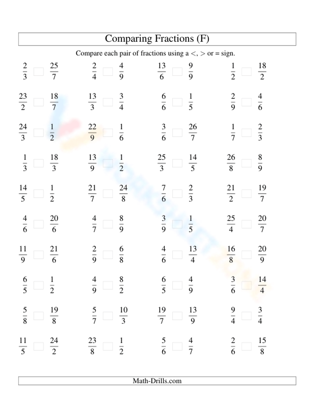 Comparing Simple And Improper Fractions Worksheet