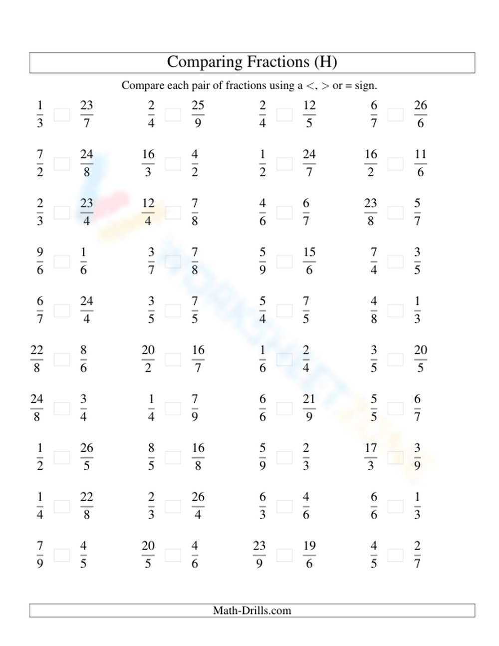 Comparing Simple And Improper Fractions Worksheet