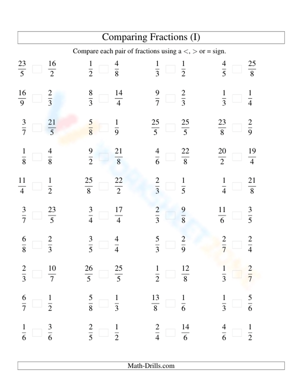 Comparing Simple And Improper Fractions Worksheet