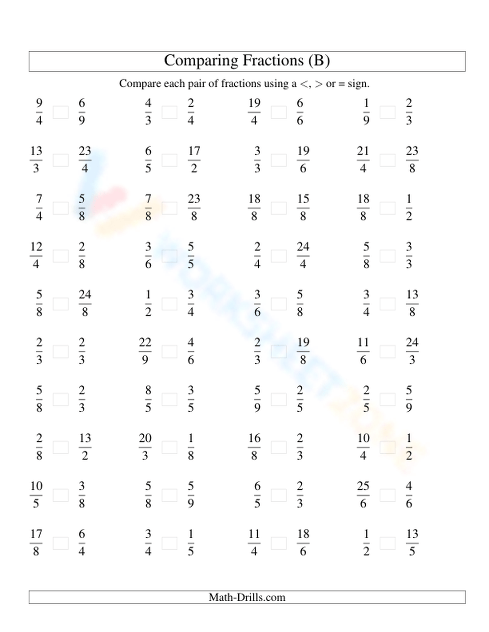 Comparing Simple And Improper Fractions Worksheet