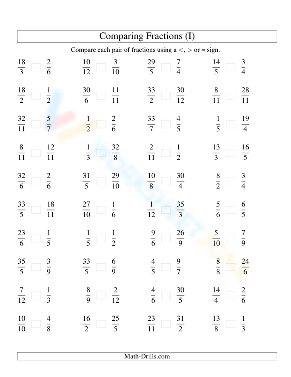 Comparing Simple And Improper Fractions Worksheet