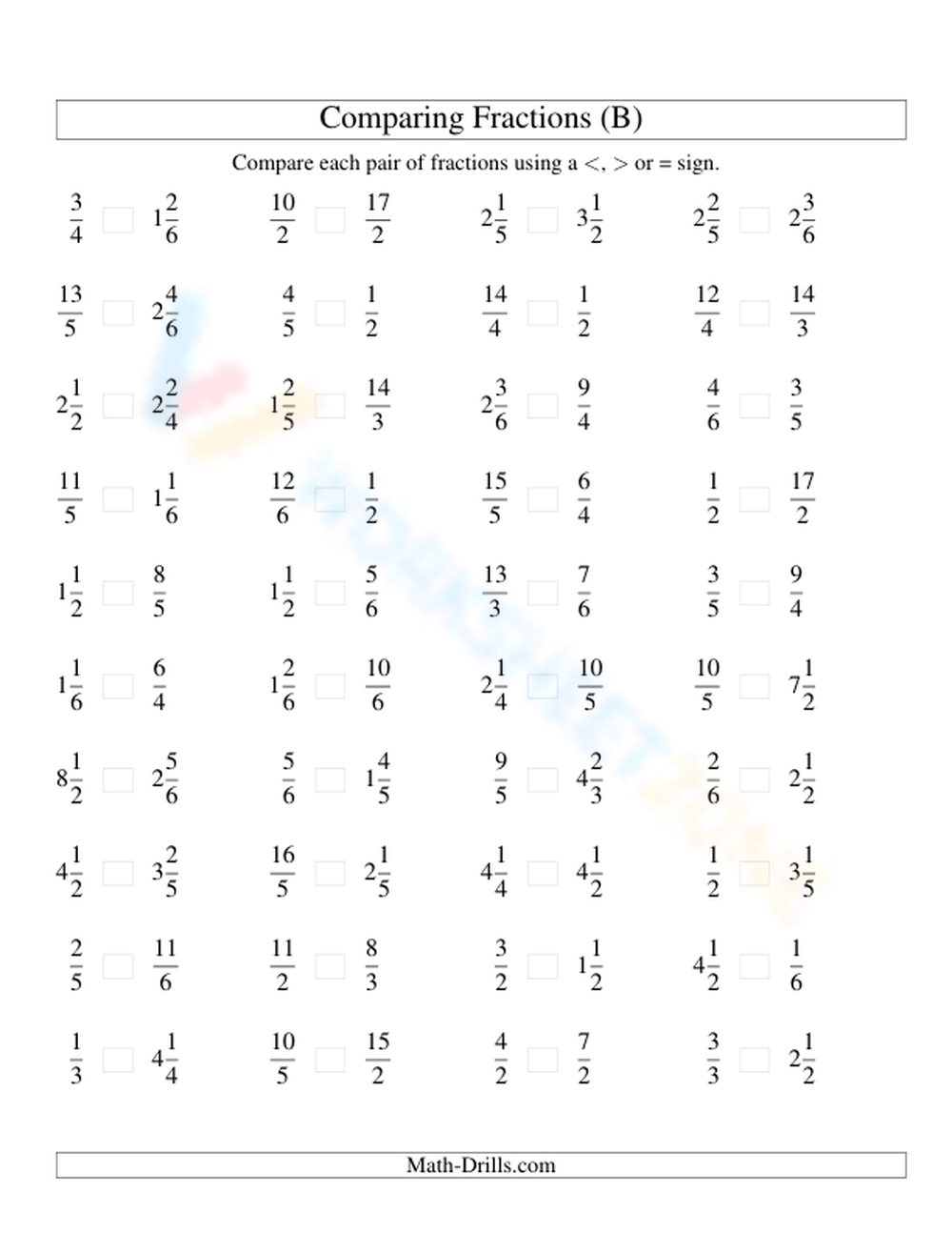 Comparing Simple, Improper And Mixed Fractions Worksheet