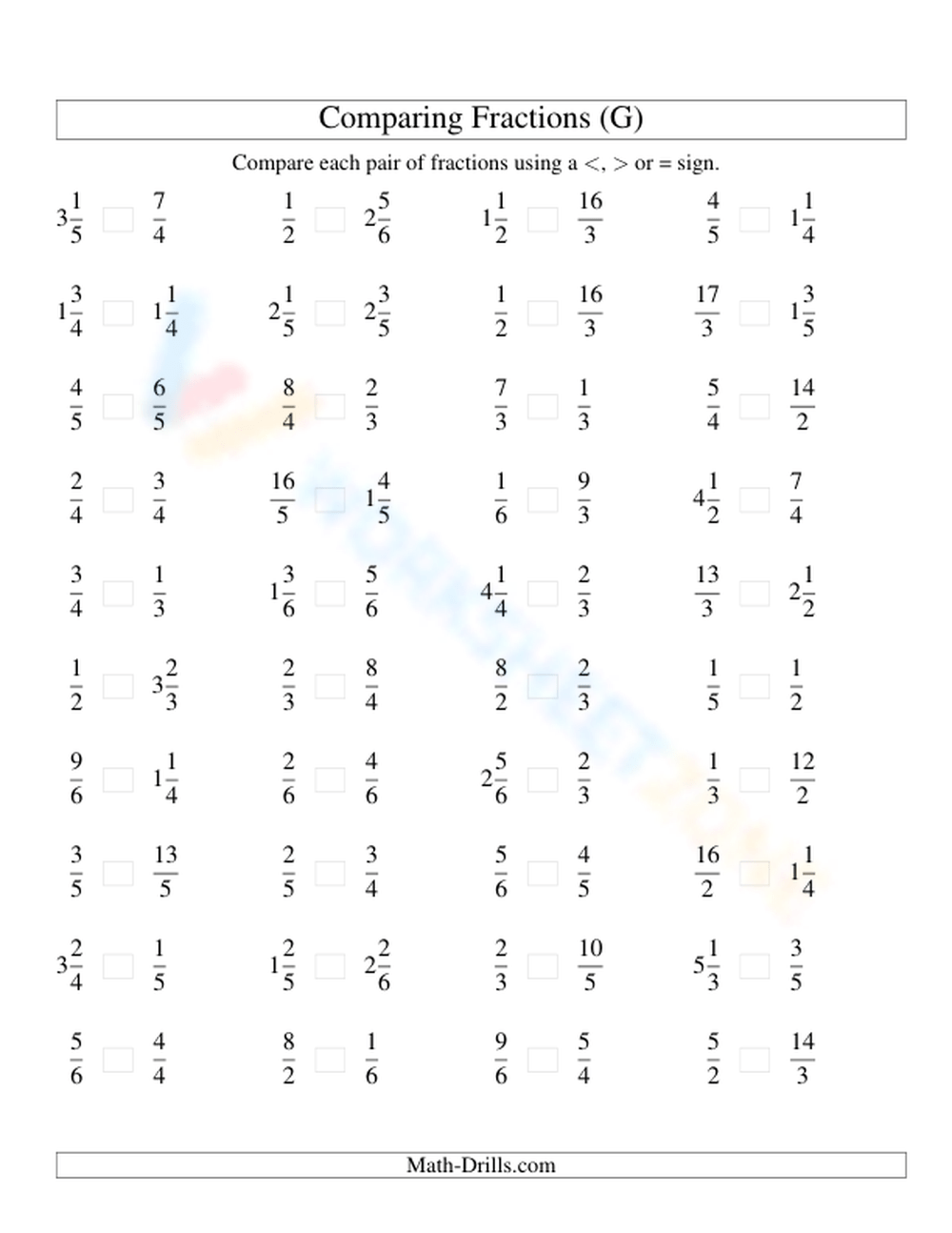 Comparing Simple, Improper And Mixed Fractions Worksheet