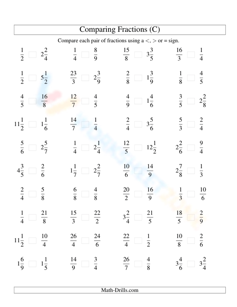 Comparing Simple, Improper And Mixed Fractions Worksheet