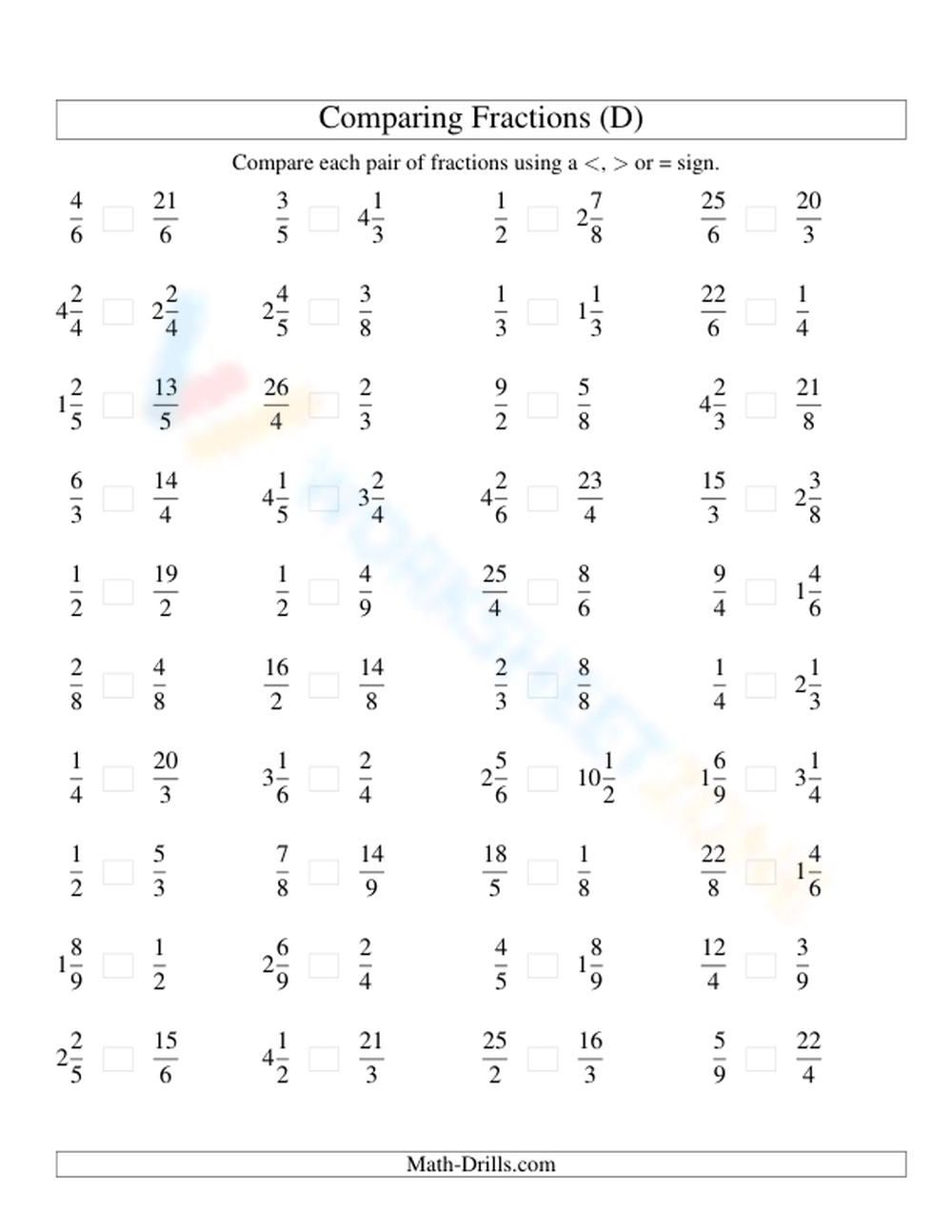 Comparing Simple, Improper And Mixed Fractions Worksheet