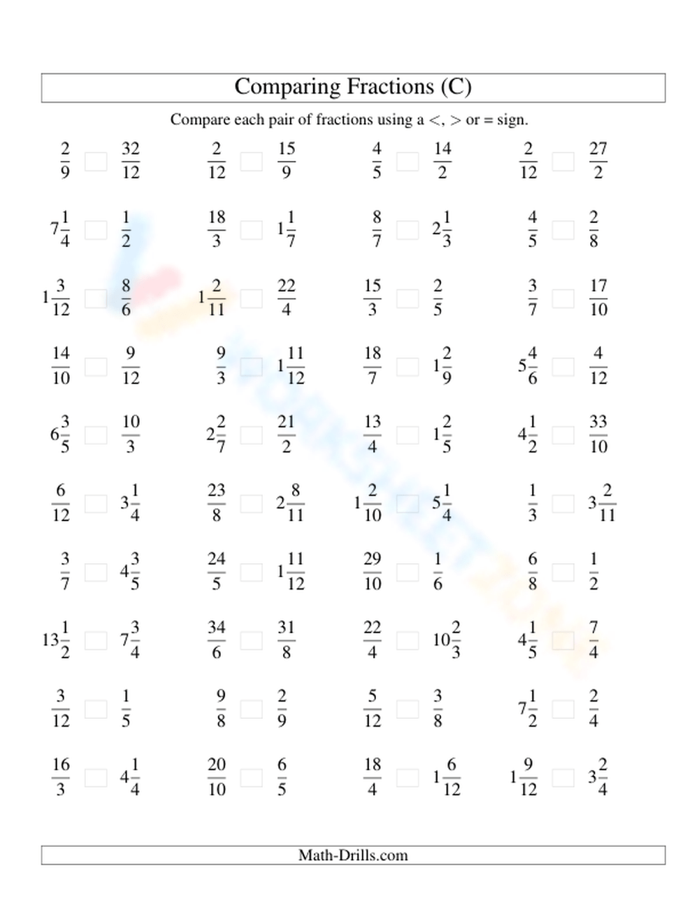 Comparing Simple, Improper And Mixed Fractions Worksheet