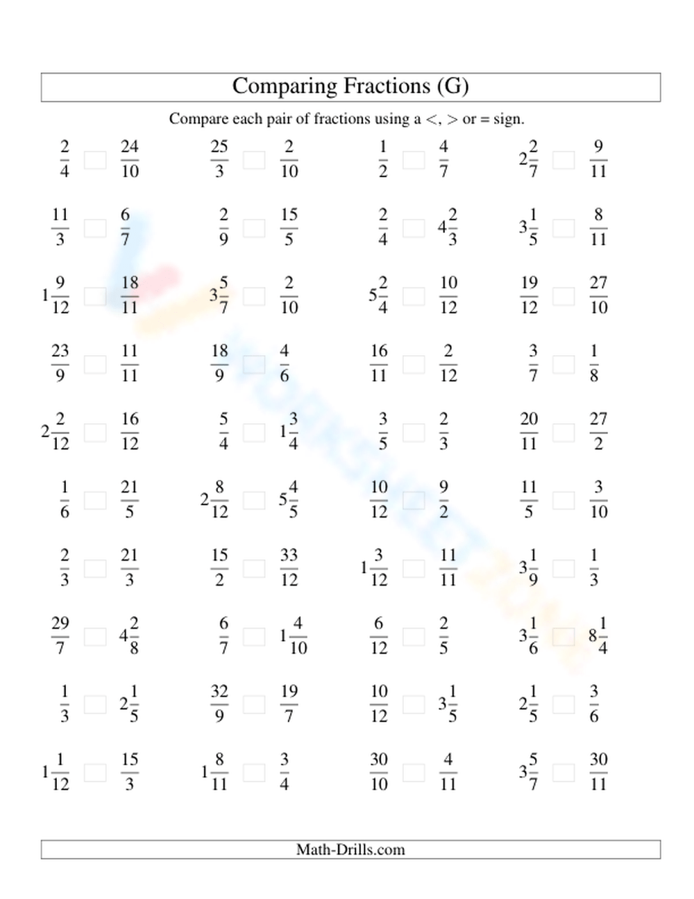 Comparing Simple, Improper And Mixed Fractions Worksheet