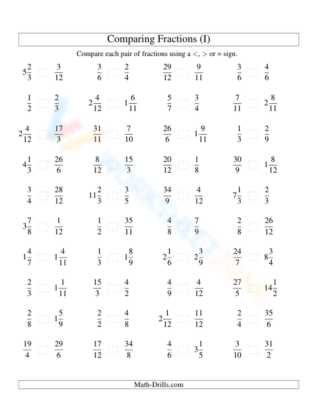Comparing Simple, Improper And Mixed Fractions Worksheet