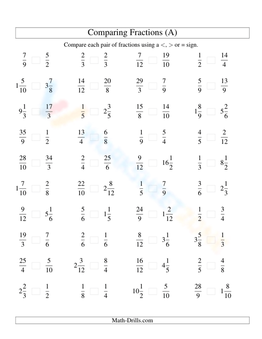 Comparing Simple, Improper And Mixed Fractions Worksheet
