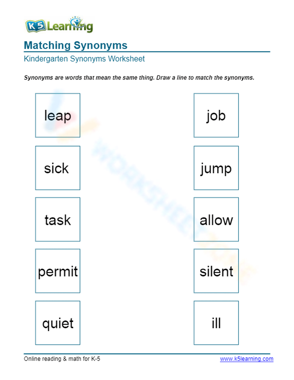 Matching Synonyms 4 Worksheet