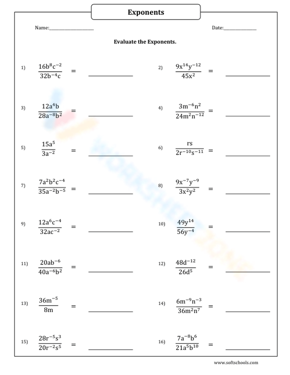Exponent Divisions 4 Worksheet
