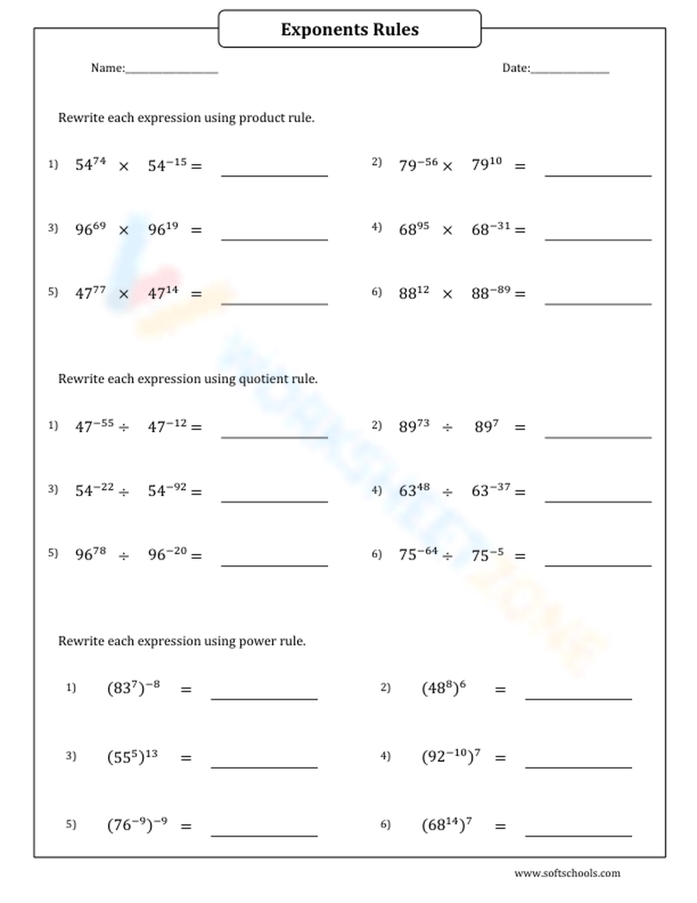 Exponents Rules 10 Worksheet