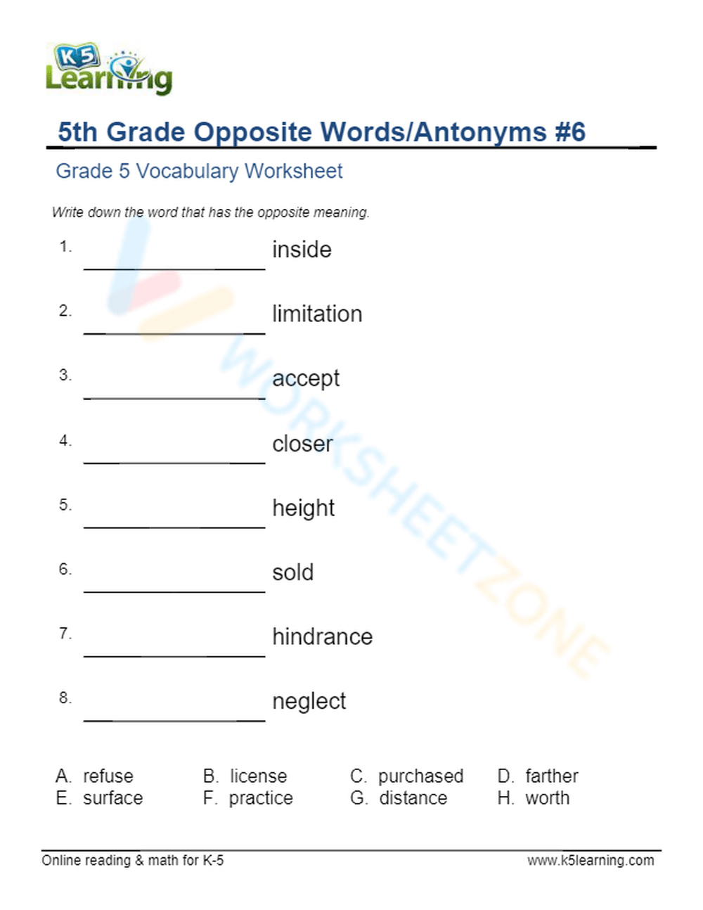 5th Grade Opposite Words/Antonyms 6 Worksheet 5th Grade Opposite Words/Antonyms 6 Worksheet