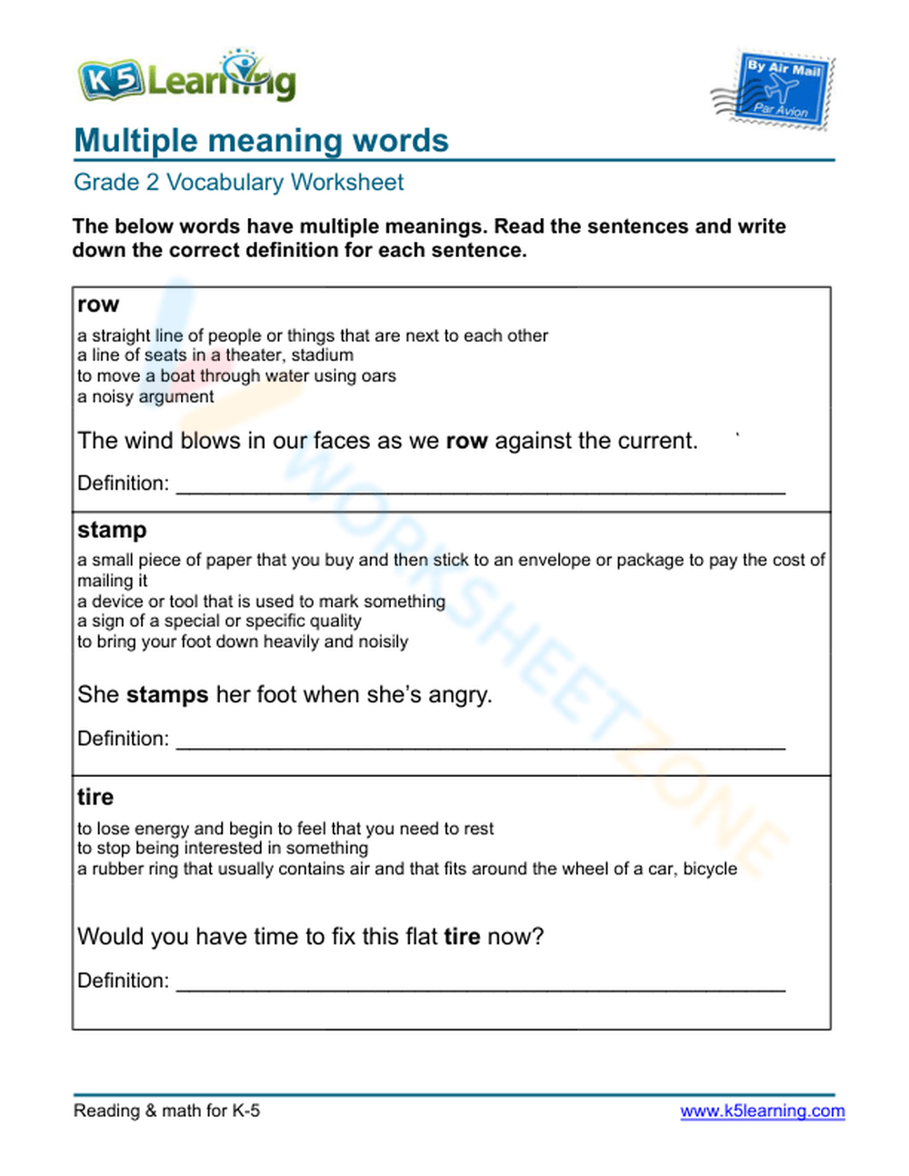 Multiple Meaning Words - Write 3 Worksheet