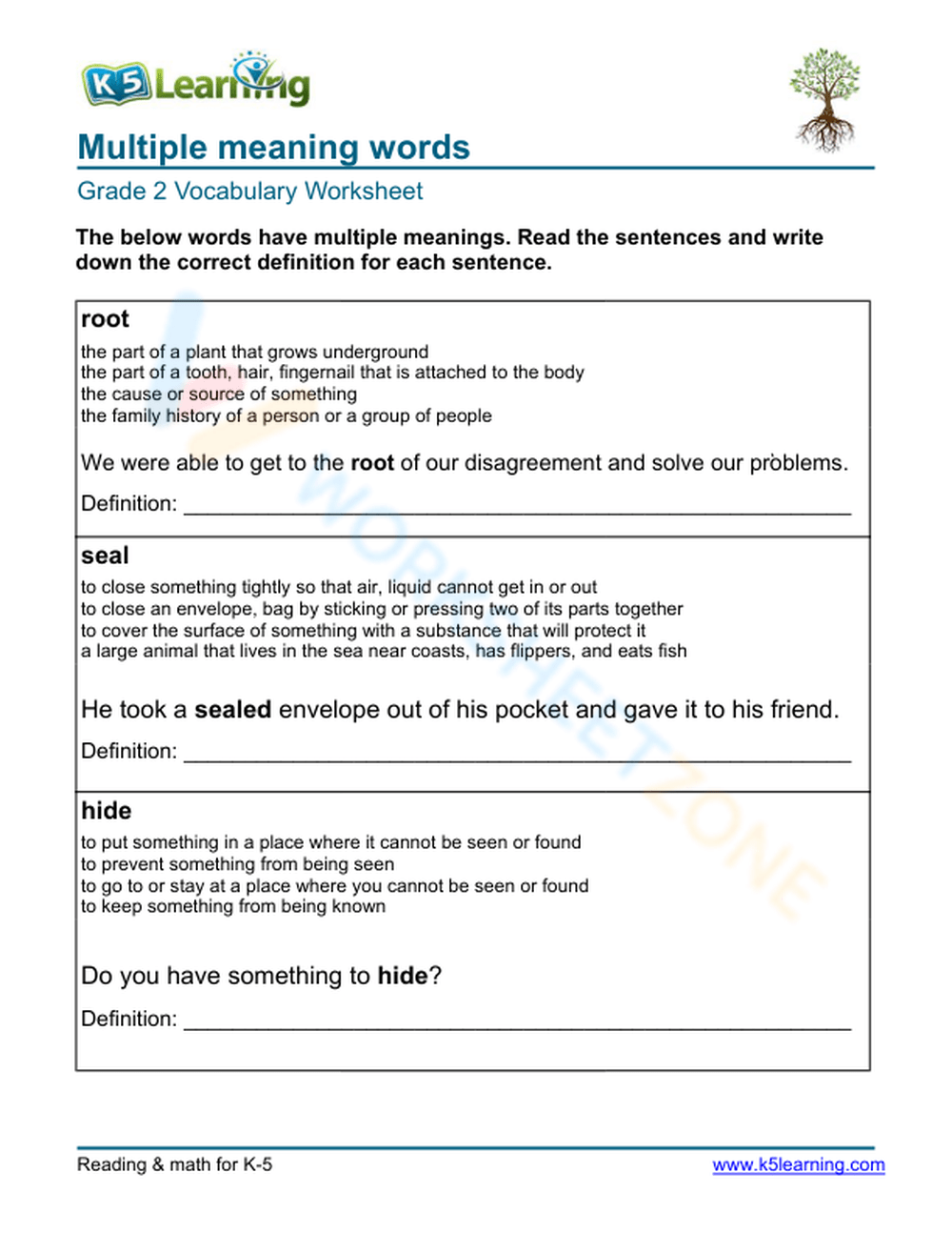 Multiple Meaning Words - Write 4 Worksheet