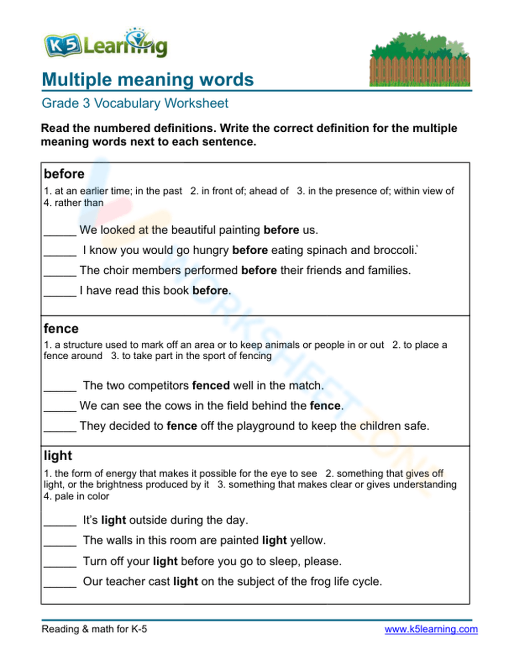 Multiple Meaning Words - Write 8 Worksheet