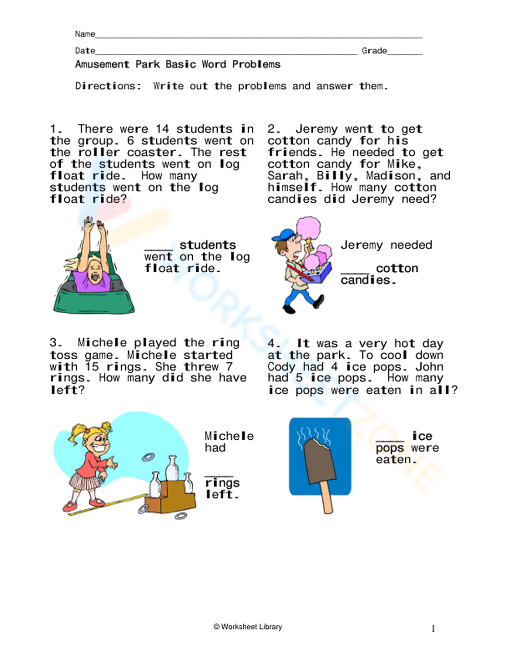 Basic Word Problems - Farmers Market Worksheet