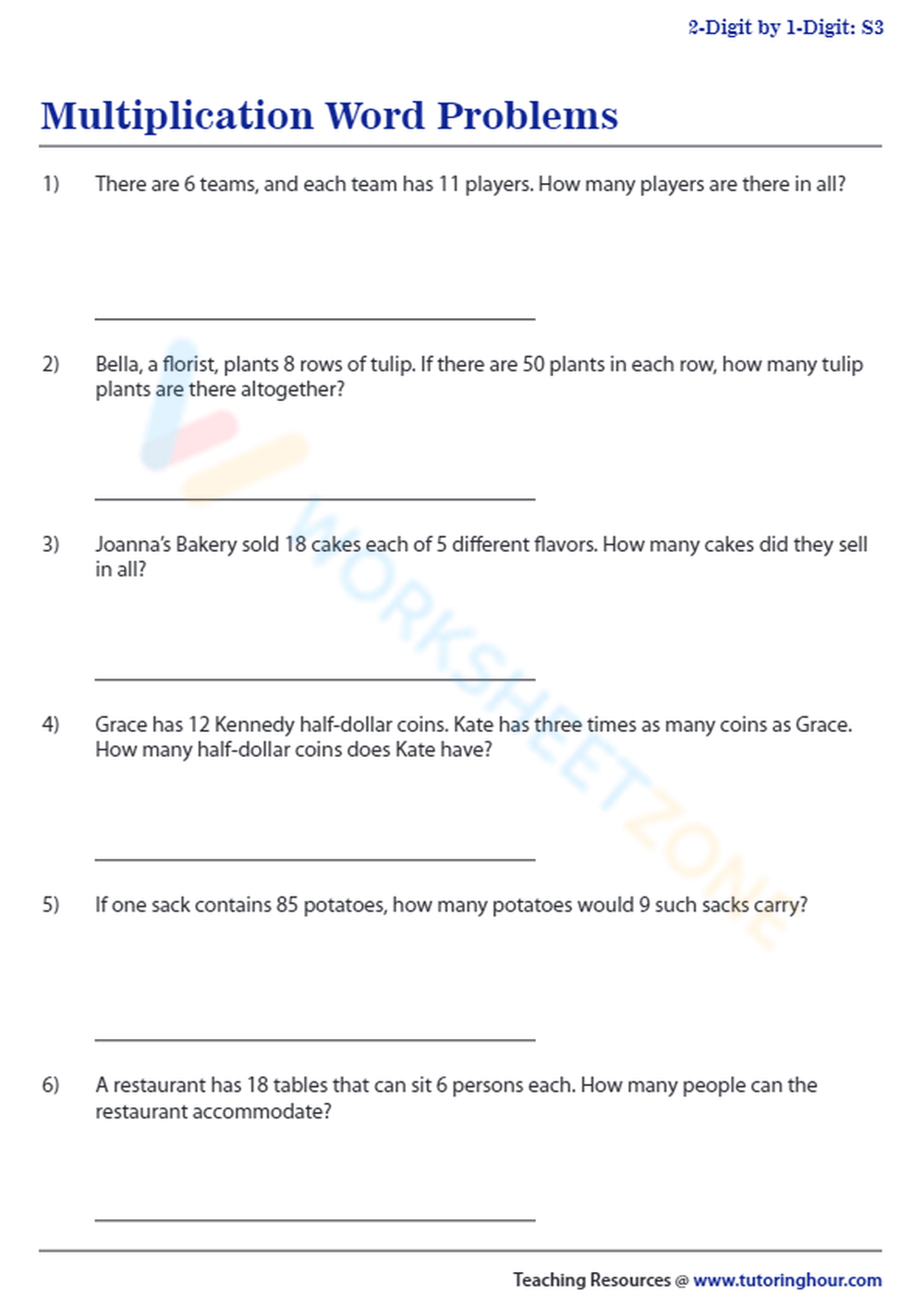Multiplication Word Problems 6 Worksheet