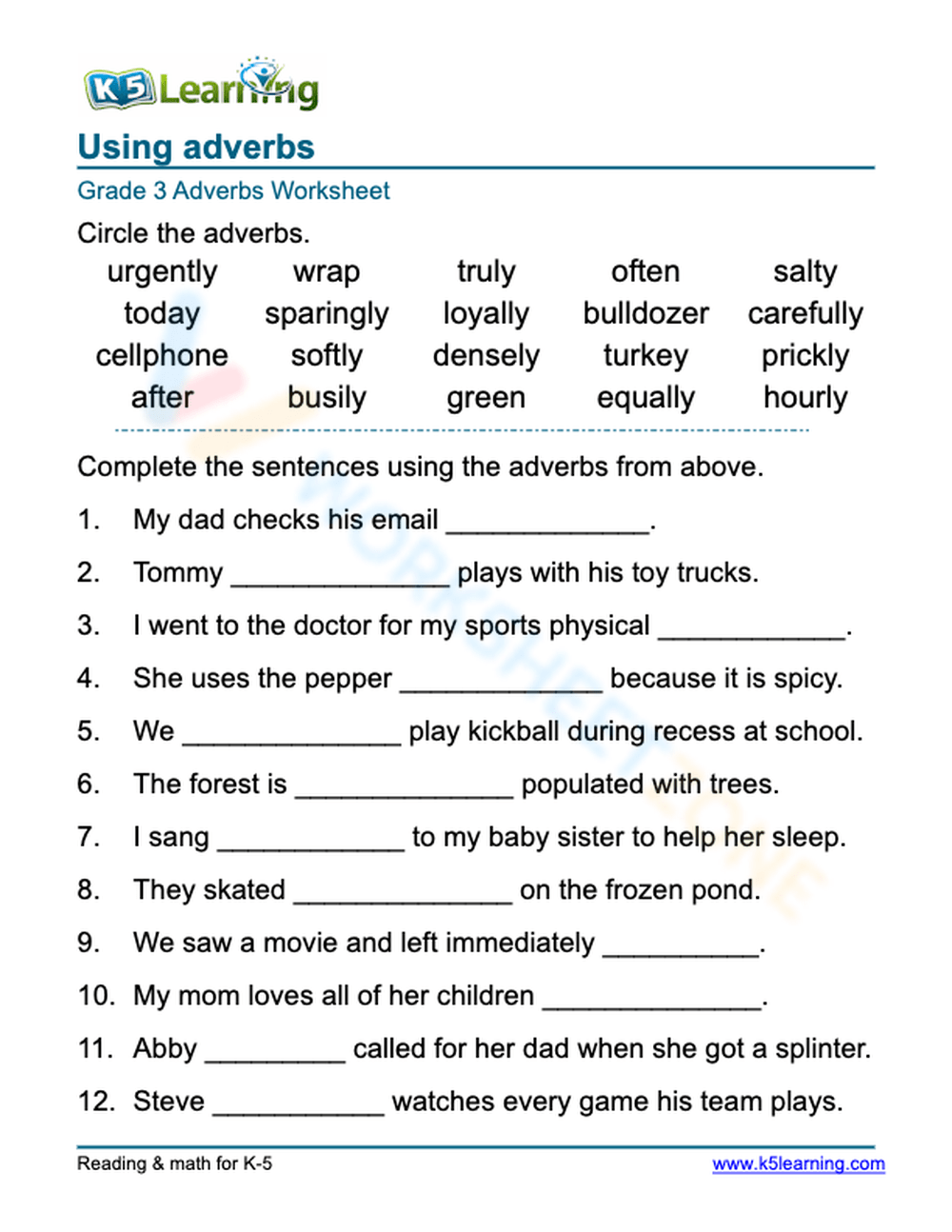 Using adverbs 5 | Worksheet Zone