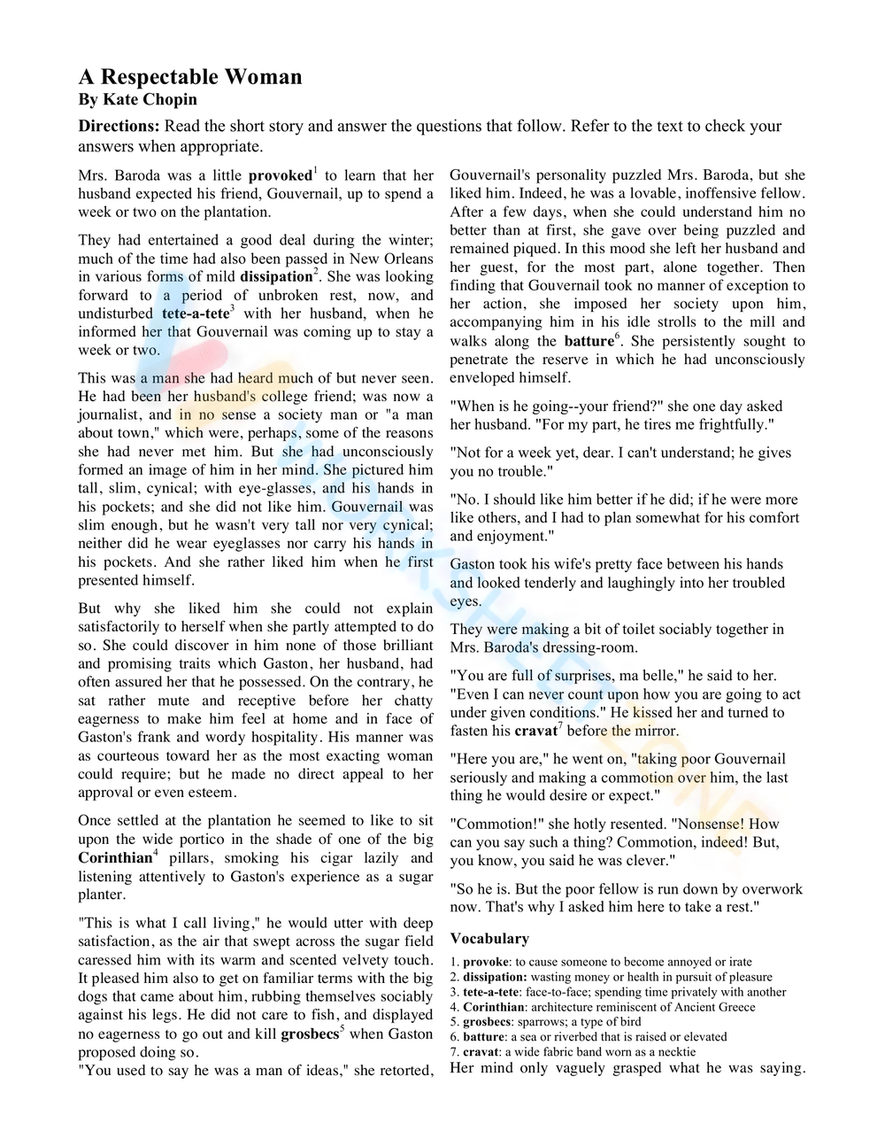 A Respectable Woman Worksheet