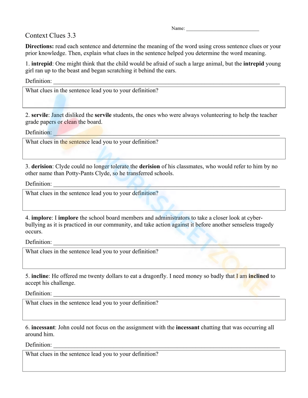 Context Clues 3.3 Worksheet