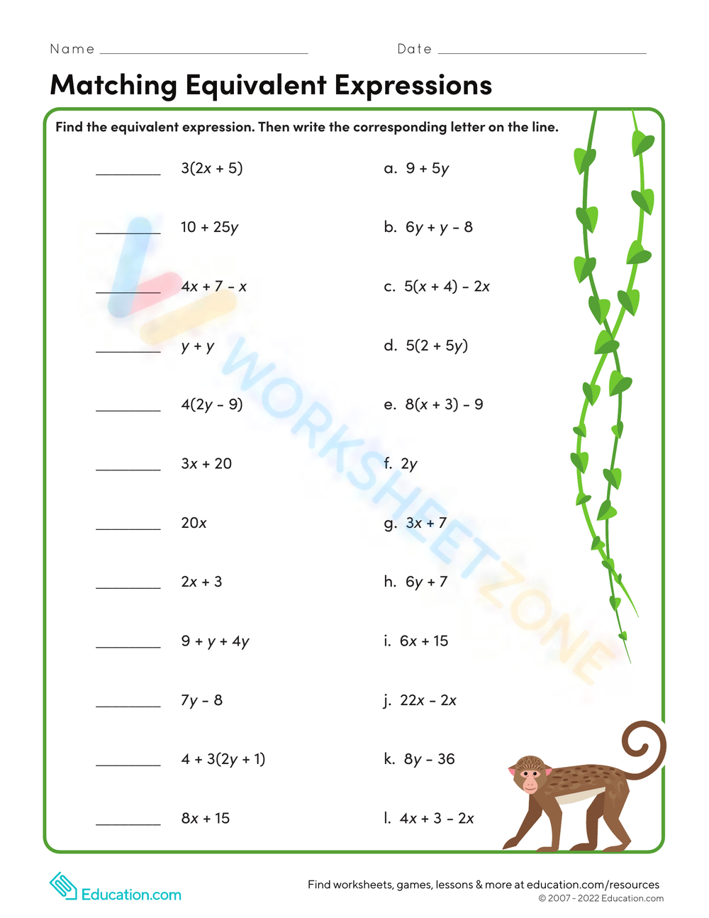 Matching Equivalent Expressions Worksheet Matching Equivalent Expressions Worksheet