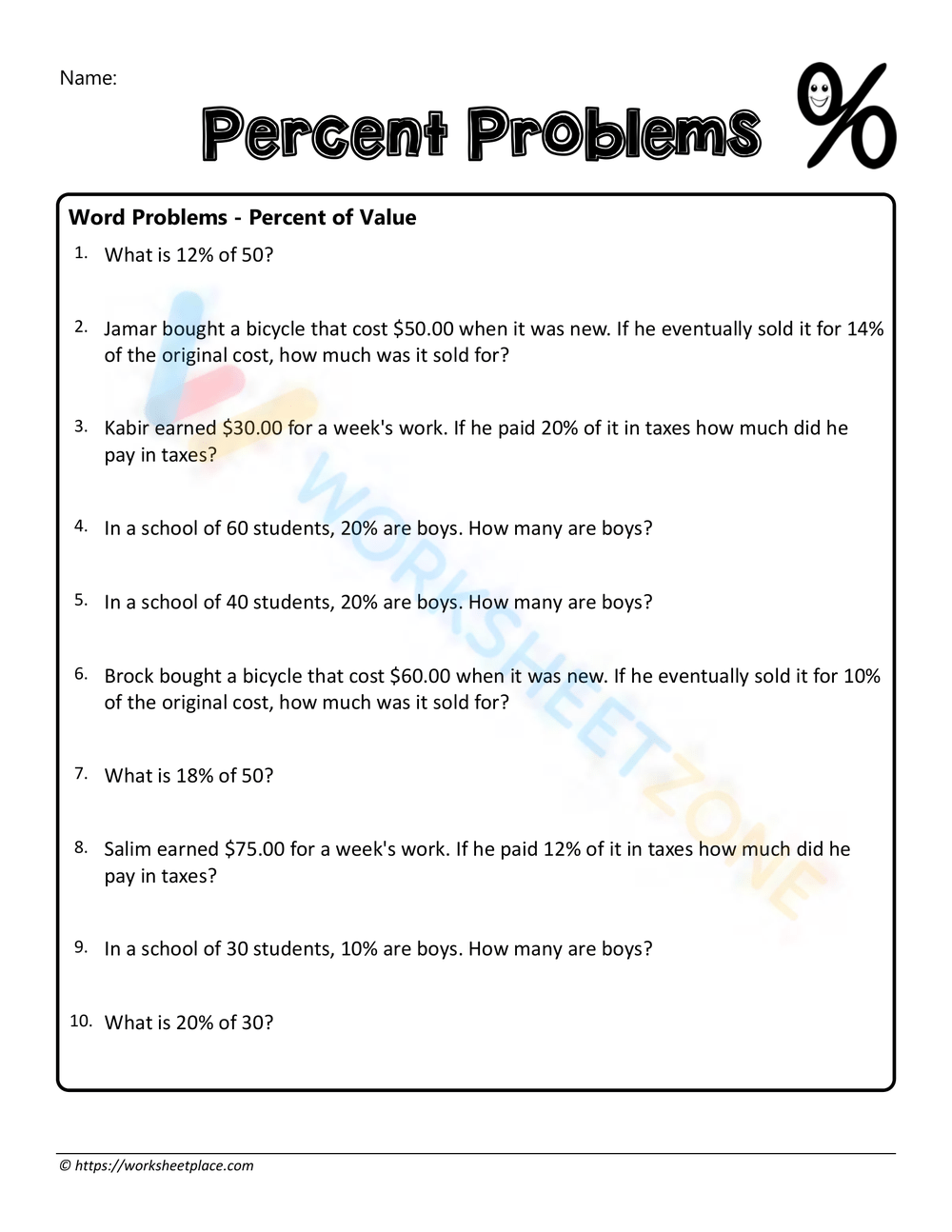 Percent problem 7 | Worksheet Zone