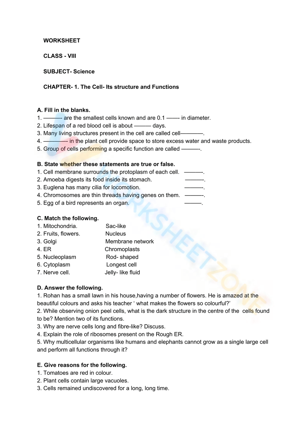 The Cell- Its Structure And Functions Worksheet