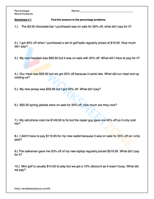 Free Percent Word Problems Worksheet Collection for Kids