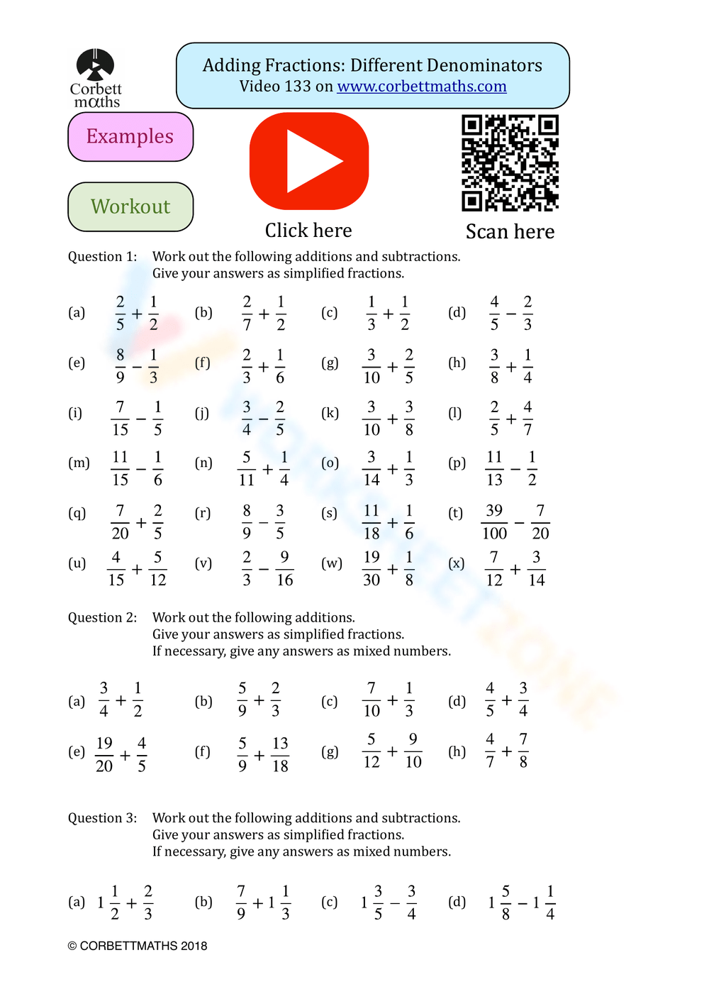 Adding Fractions Different Denominators Worksheet