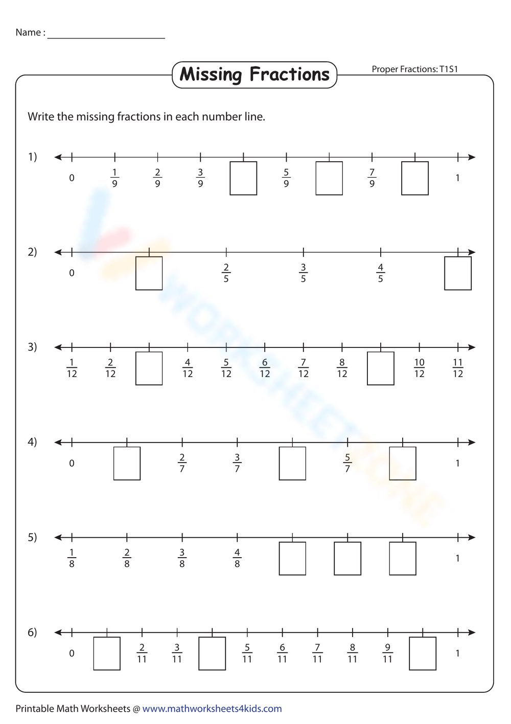 Missing Fractions Worksheet