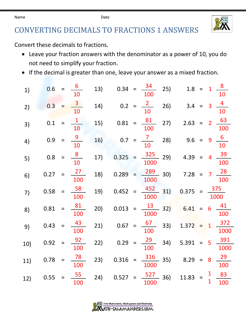Free Printable Converting Decimals to Fractions Worksheets Free Printable Converting Decimals to Fractions Worksheets