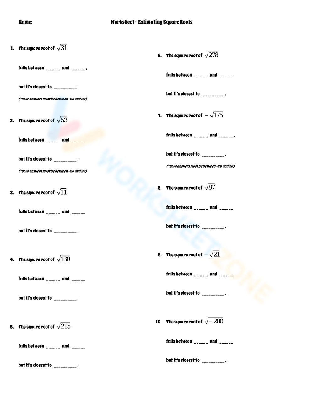 Worksheet Estimating Square Roots Worksheet