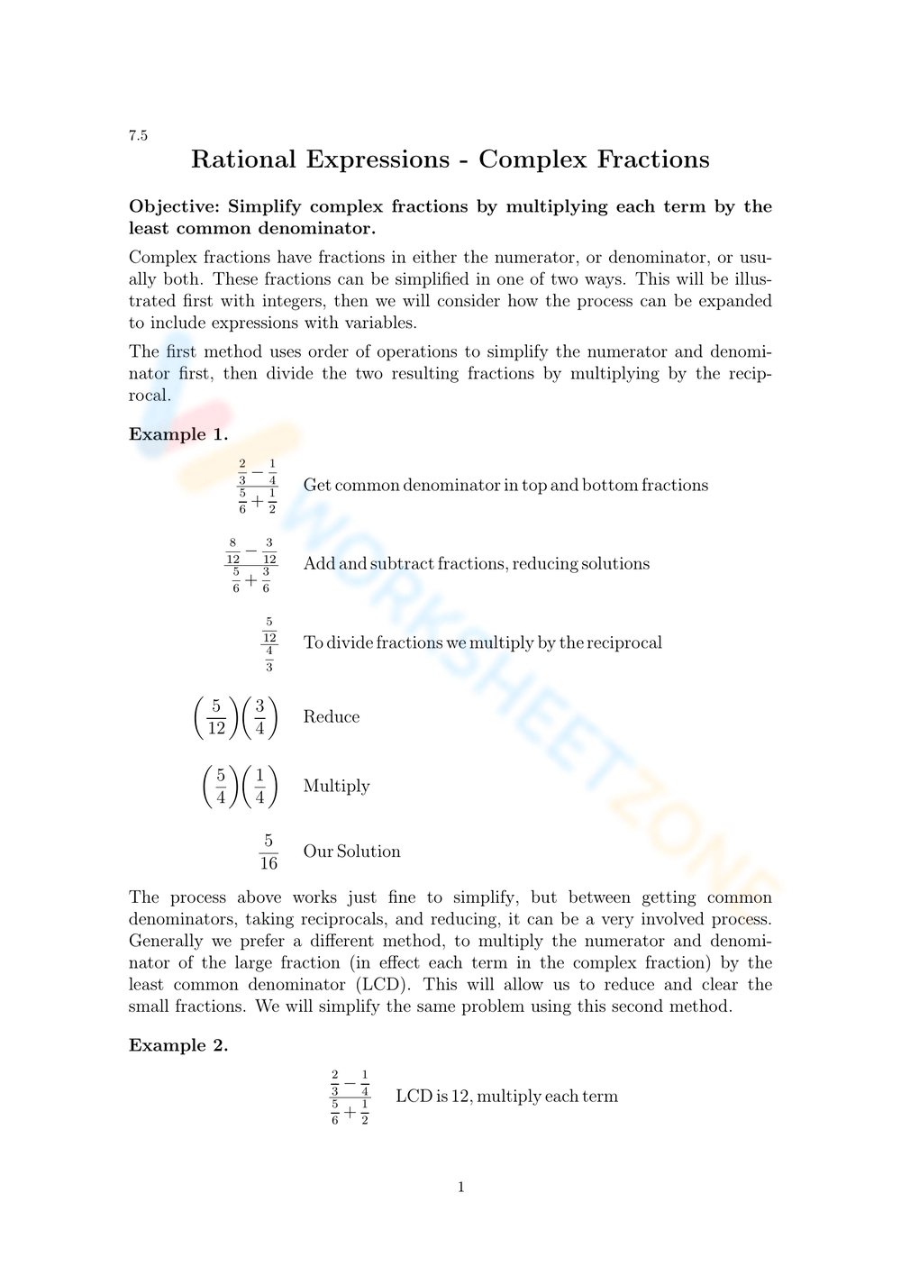 Rational Expressions - Complex Fractions Worksheet Rational Expressions - Complex Fractions Worksheet