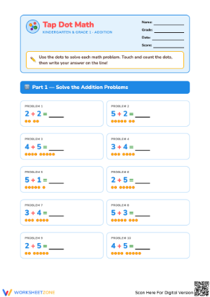 Tap Dot Math – Fun Addition Within 10 Worksheet for Kids