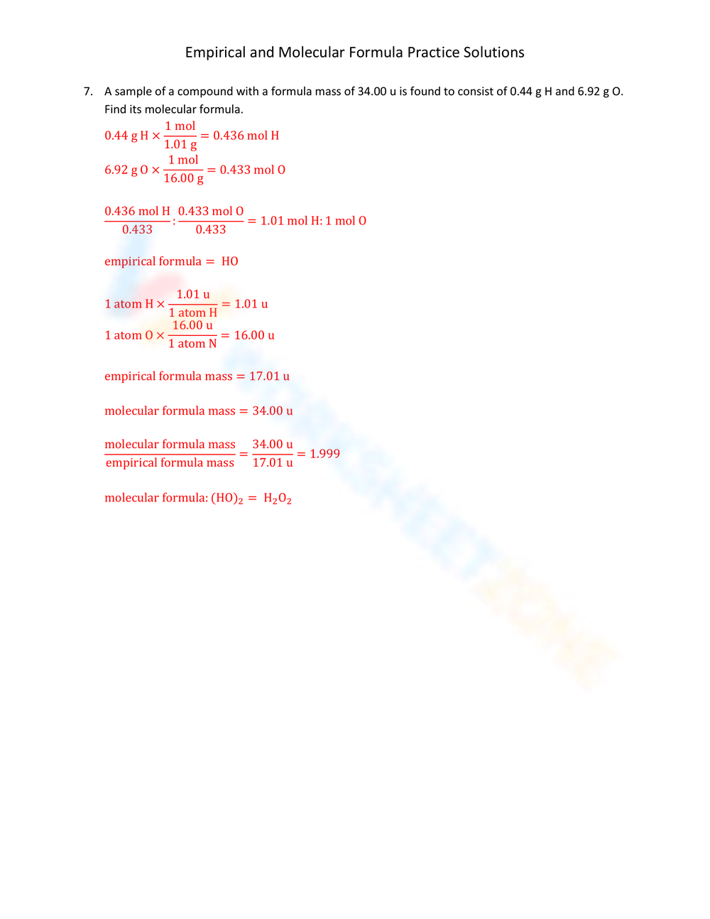 Empirical And Molecular Formula Practice Solutions Worksheet Empirical And Molecular Formula Practice Solutions Worksheet