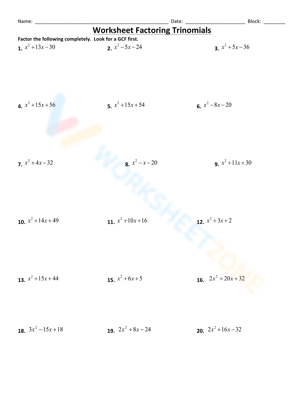 Worksheet Factoring Trinomials Worksheet Worksheet Factoring Trinomials Worksheet
