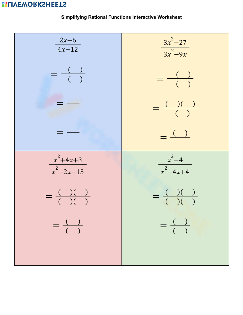 Simplifying Rational Functions Worksheet