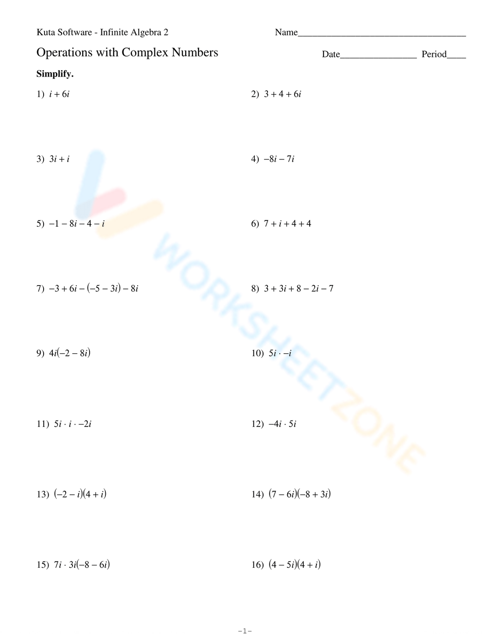 Operations With Complex Numbers Worksheet