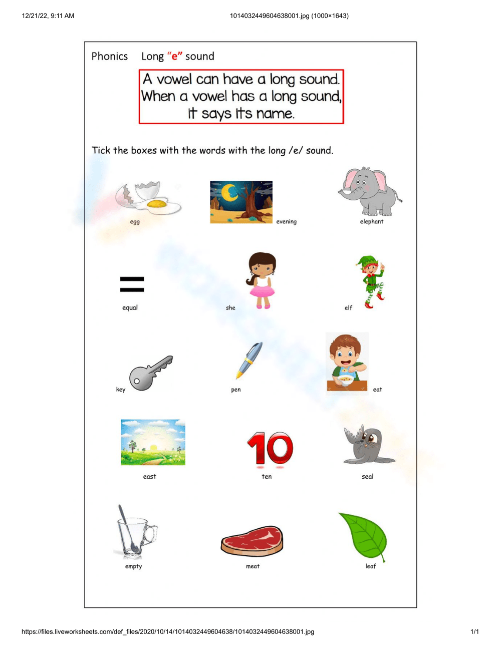 Long "e" Words Worksheet