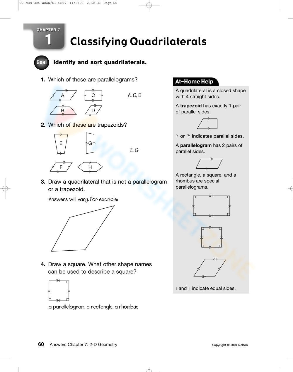 Classifying Quadrilaterals Worksheet