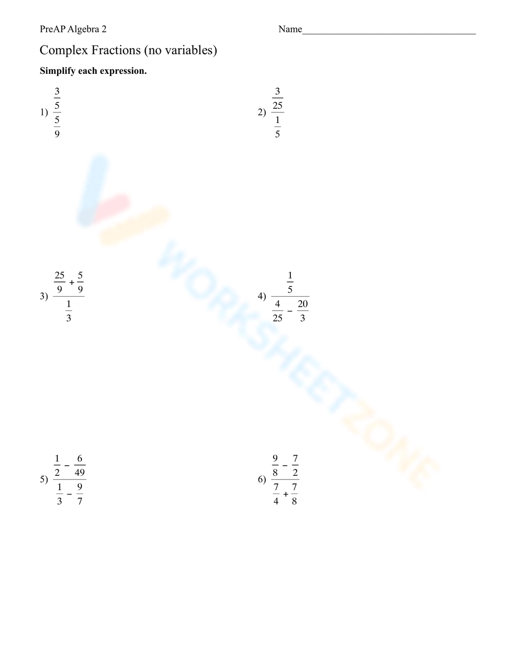 Simplify Complex Fractions Worksheet